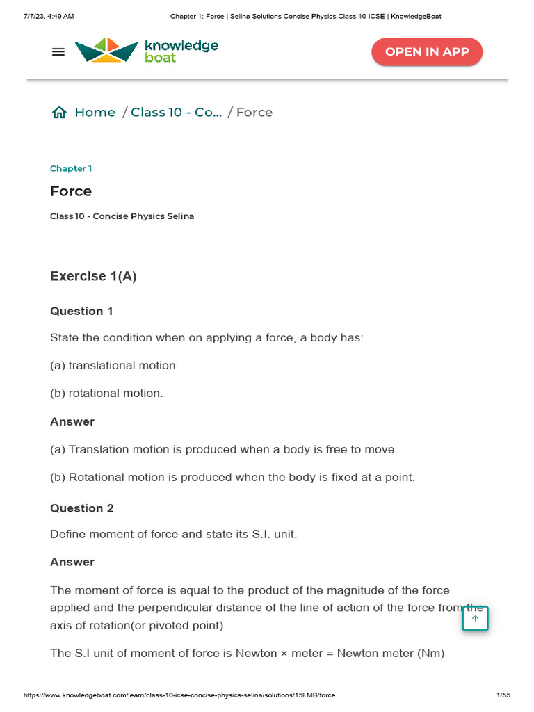 Chapter 1 - Force - Selina Solutions Concise Physics Class 10 ICSE ...
