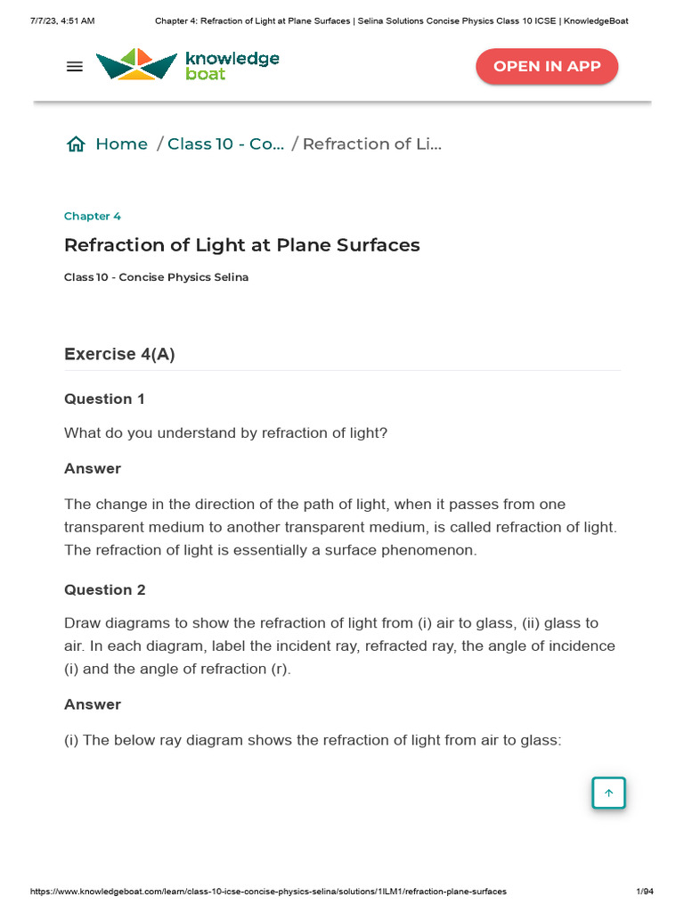 Chapter 4 - Refraction of Light at Plane Surfaces - Selina Solutions ...