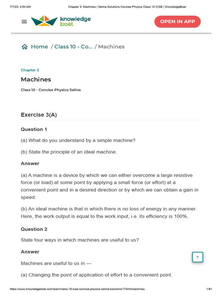 Chapter 3 - Machines - Selina Solutions Concise Physics Class 10 ICSE ...