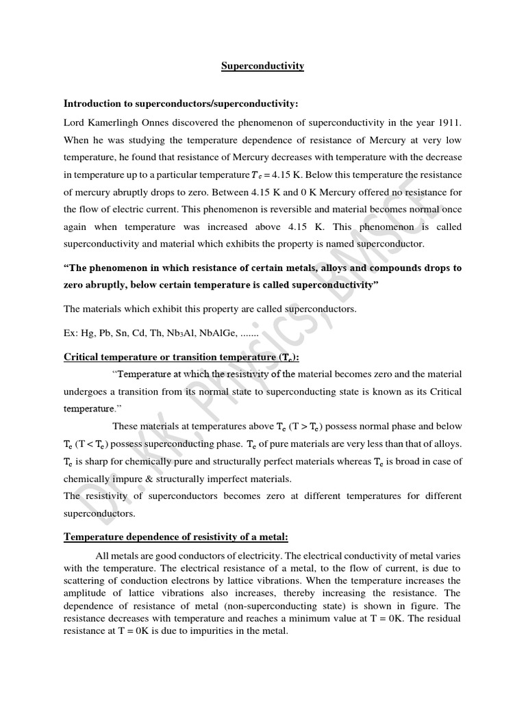Superconductivity Notes Dr Kk Physics Bmsce Pdf Superconductivity