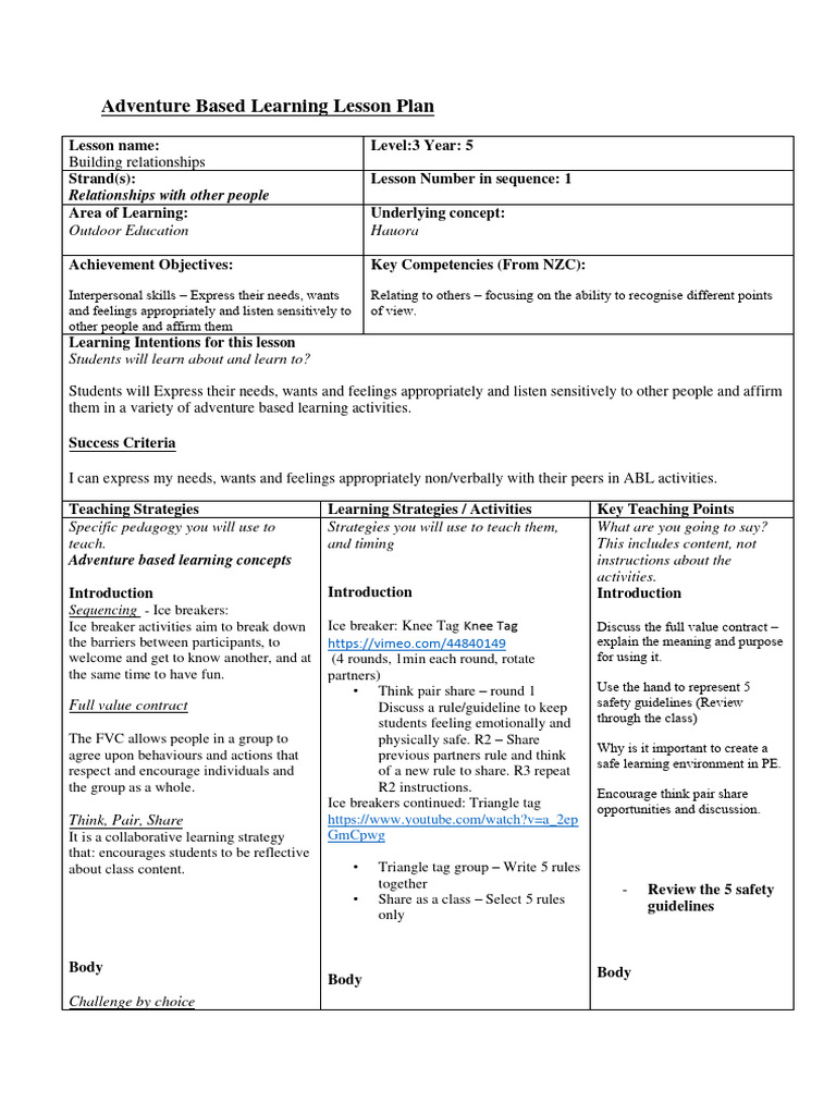 Adventure Based Learning Lesson Plan | PDF | Learning | Lesson Plan