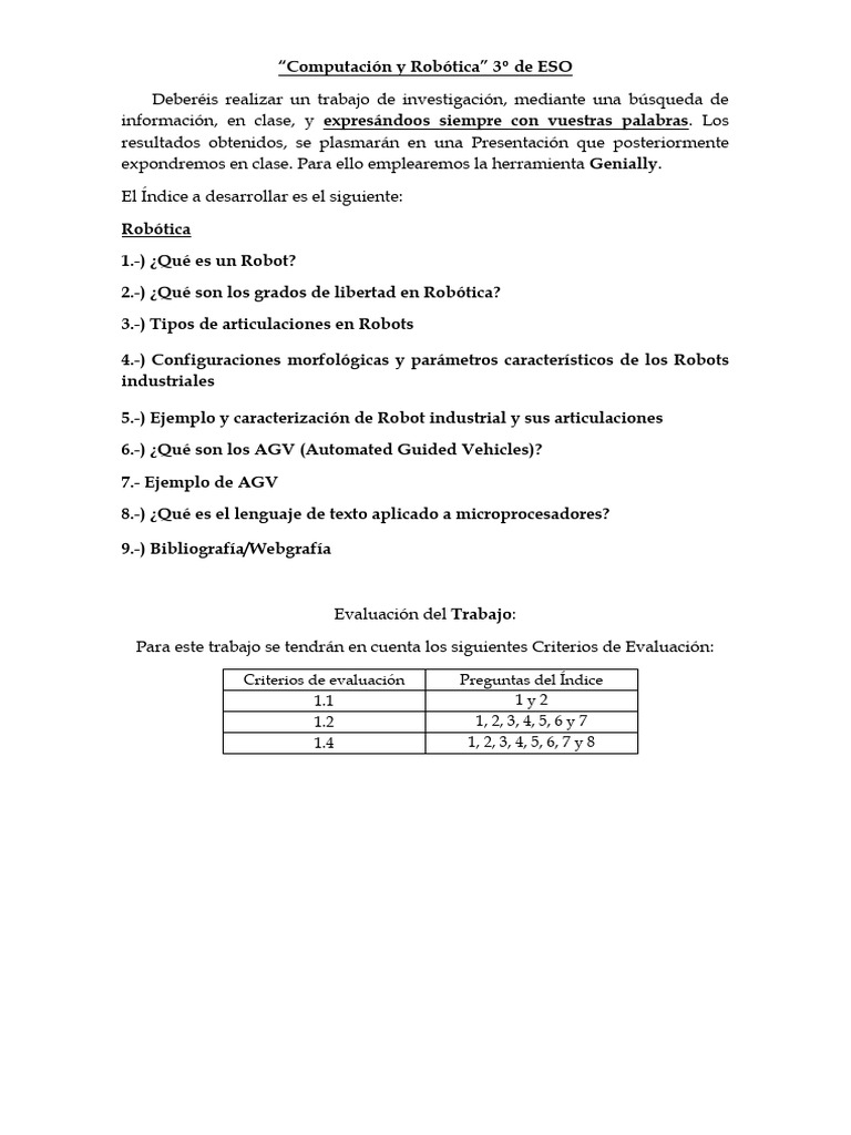 Investigación sobre Robótica 3º ESO | PDF | Robótica | Robot