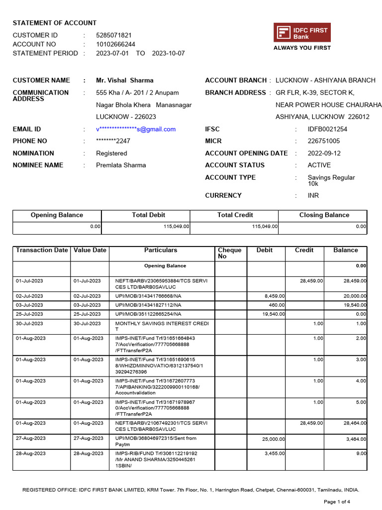 Account Statement for Mr. Vishal Sharma | PDF | Banks | Credit Card