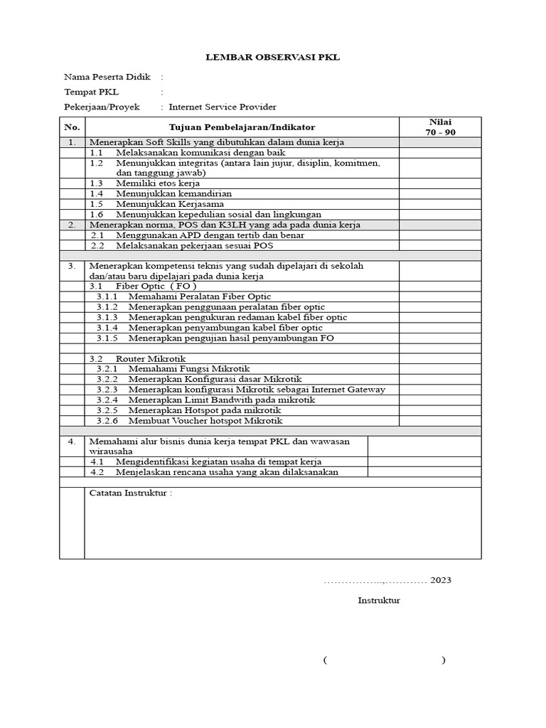 Lembar Observasi PKL Internet Service Provider | PDF