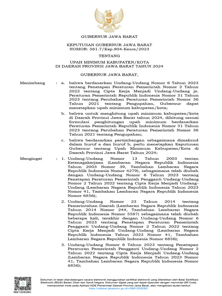 UMK Jawa Barat 2024: Keputusan Gubernur | PDF