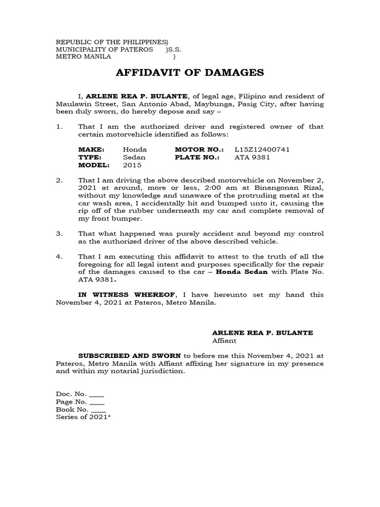 Affidavit of Damages - Arlene Rea Bulante | PDF | Business