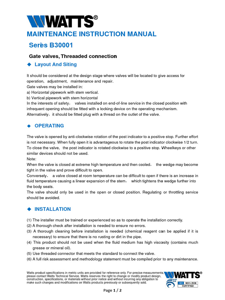Isolation Valve - Watts B3001 | PDF | Valve | Plumbing