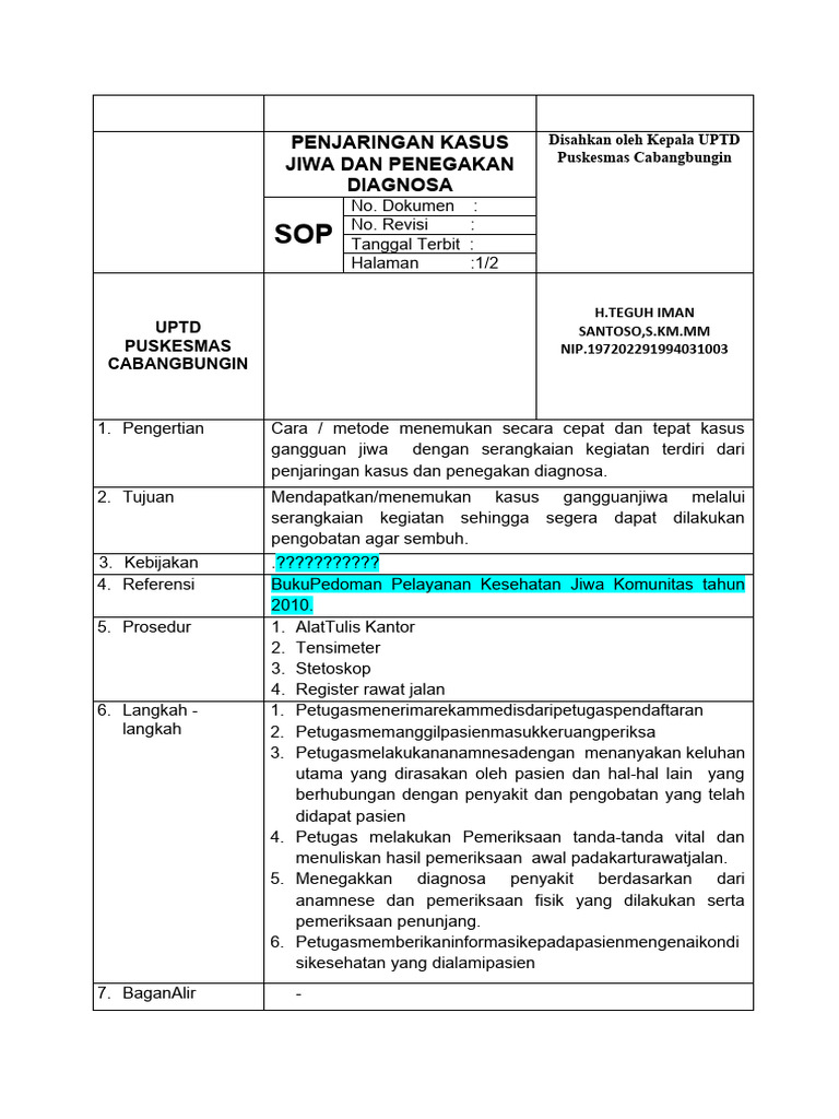 Sop Penjaringan Kasus Jiwa Dan Penegakan Diagnosa | PDF