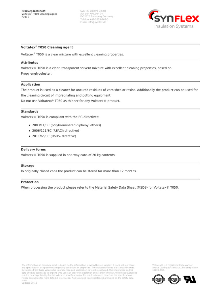 Voltatex t050 Cleaning Agent - Datasheet | Download Free PDF | Materials | Chemistry