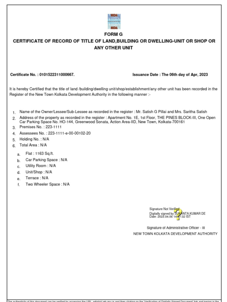Form G Certificate of Record of Title of Land, Building or Dwelling ...