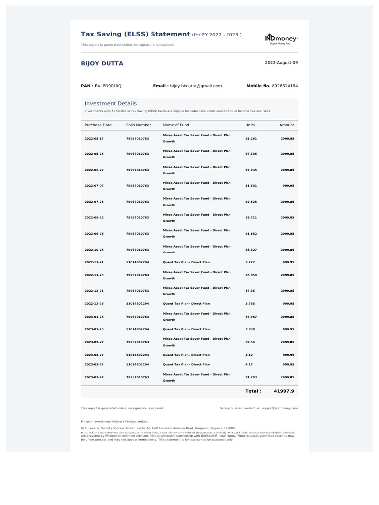 Tax Saving (ELSS) Statement: Bijoy Dutta | PDF | Taxes | Investing