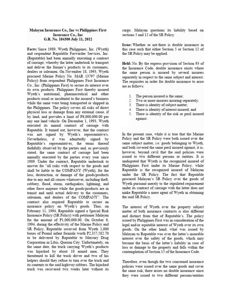Malayan Insurance vs. Philippine First Insurance | PDF | Insurance ...