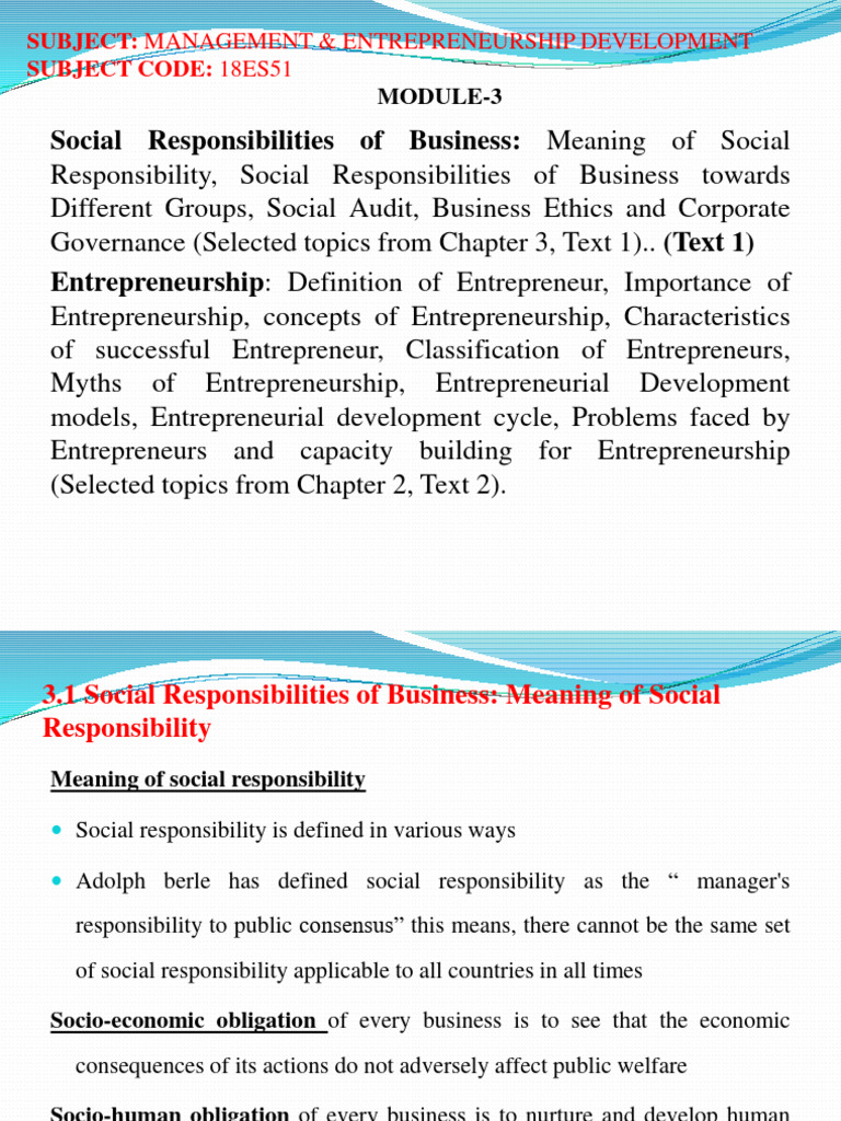 18ES51 Module 3 | Download Free PDF | Entrepreneurship | Corporate Social Responsibility
