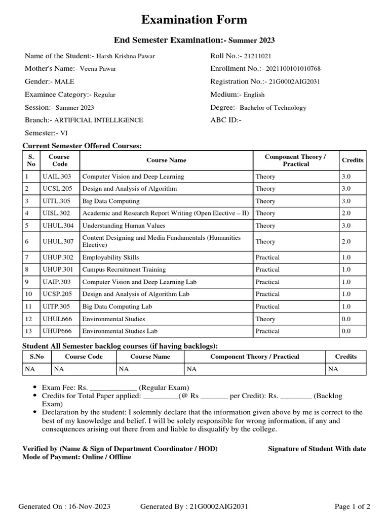 Student Exam Form Report | PDF | Academic Term | Computing