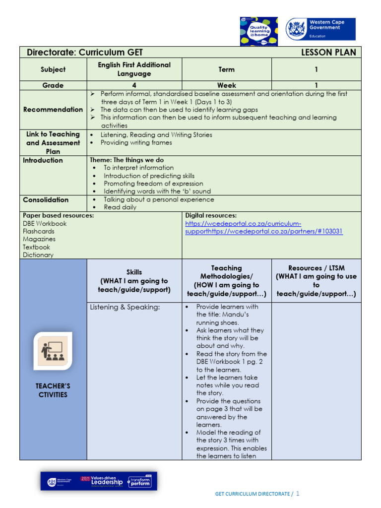 Lesson Plan Gr4 English FAL T1 W1 | PDF | Learning | Learning Methods