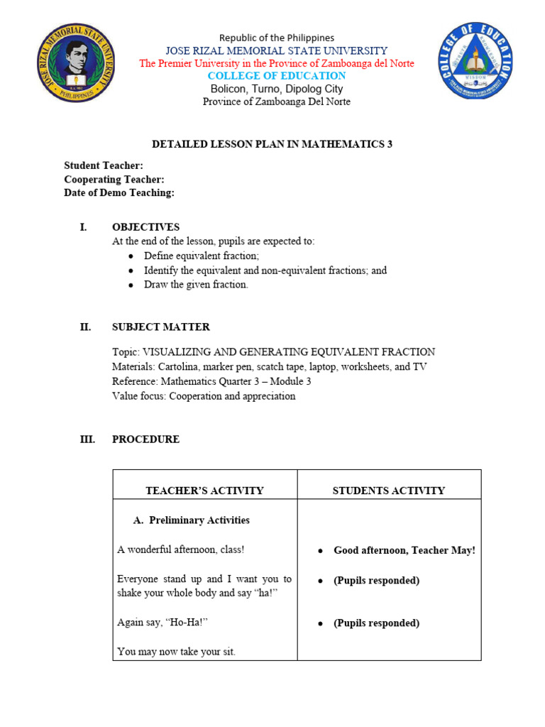 Lesson Plan: Equivalent Fractions for Grade 3 | PDF | Multiplication ...
