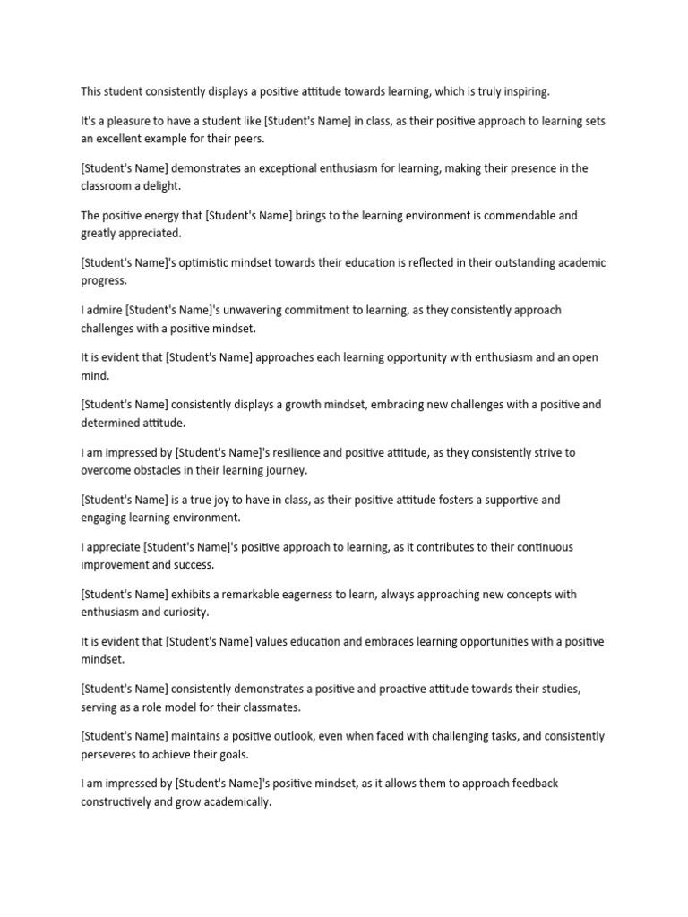 This Student Consistently Displays A Positive Attitude Towards Learning ...