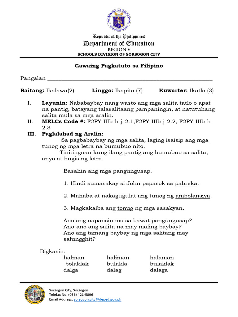 Fil Act Sheet 7 Quarter 3 | PDF