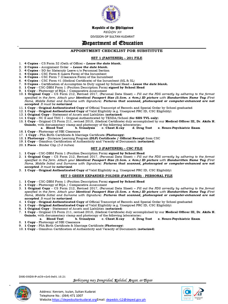 Updated Checklist For Substitute | PDF | Document | Government And ...