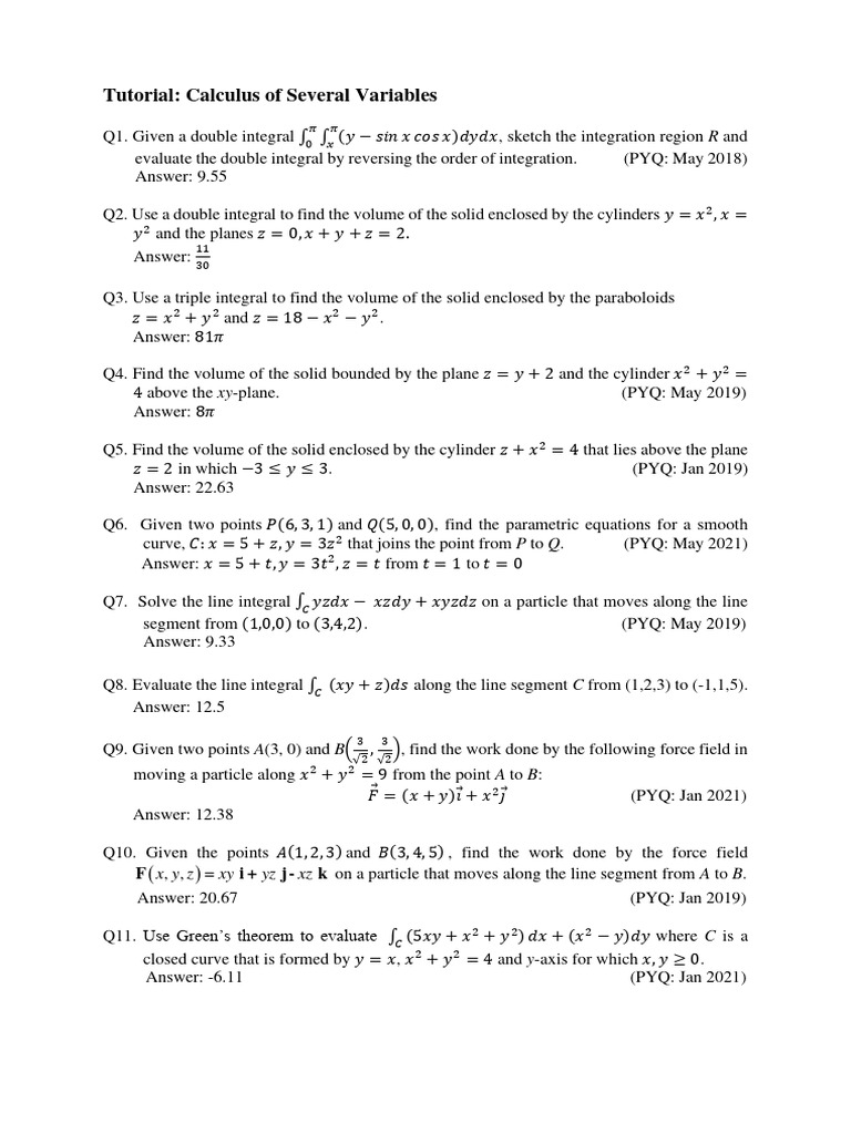 Tutorial 4 - Calculus of Several Variables | PDF | Integral | Analysis