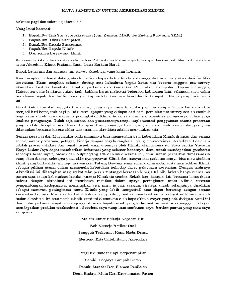 Kata Sambutan Untuk Akreditasi Klinik | PDF