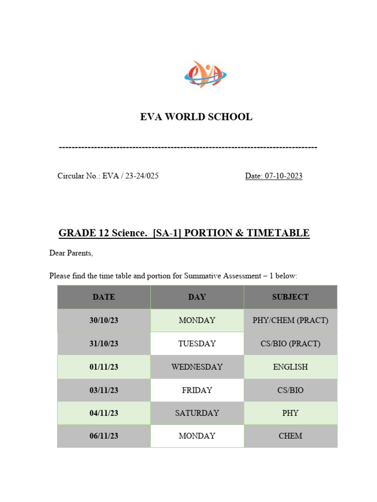 GRADE 12 Science SA-1 PORTION TIMETABLE | PDF | Data Management | Computing