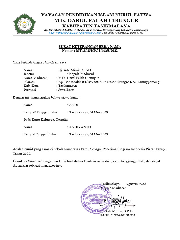 Surat Peryataan Beda Nama Siswa Dari Kepala Sekolah | PDF Surat Peryataan Beda Nama Siswa Dari Kepala Sekolah | PDF