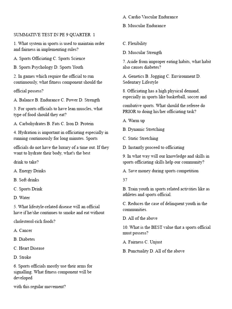 Summative Test in Pe 9 Quarter 1 | PDF | Physical Fitness | Skeletal Muscle