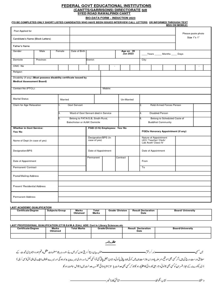 Bio-Data Form - Induction 2023 | PDF