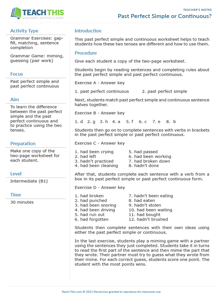 Past Perfect Simple or Continuous | PDF | Linguistics | Grammar