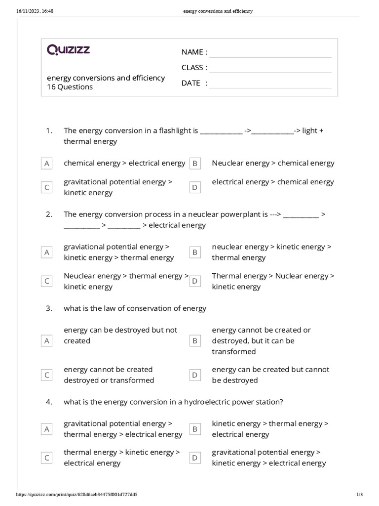 Energy Conversions and Efficiency | PDF | Potential Energy | Nature