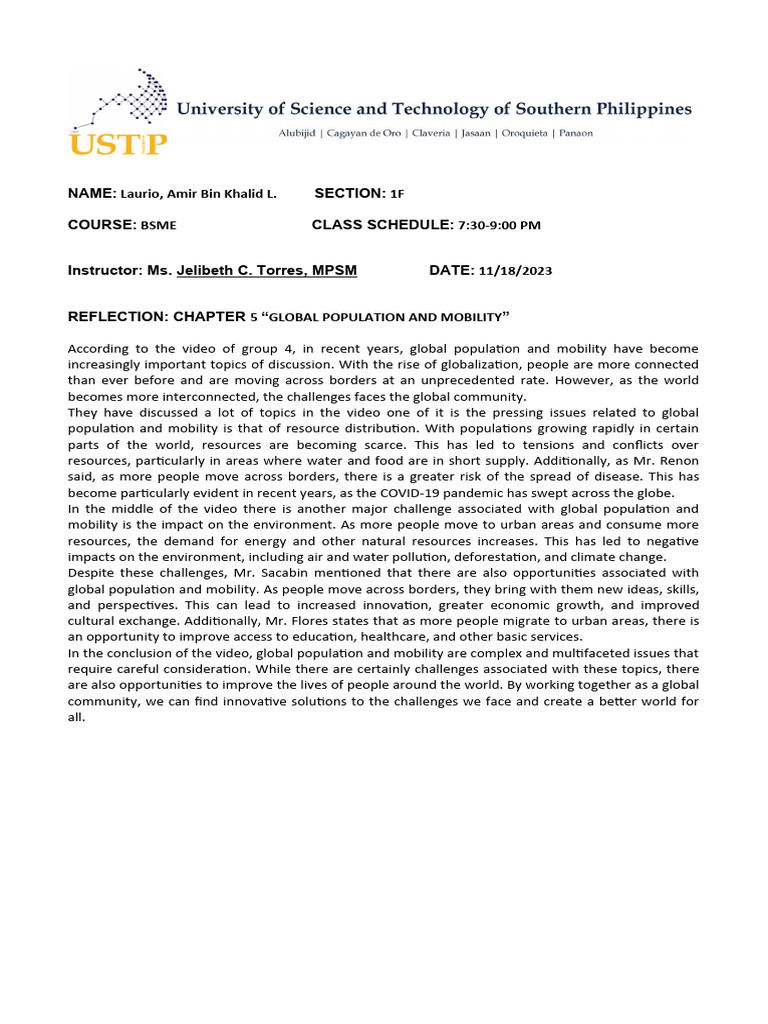 Reflection Paper TCW | PDF | Population | Globalization
