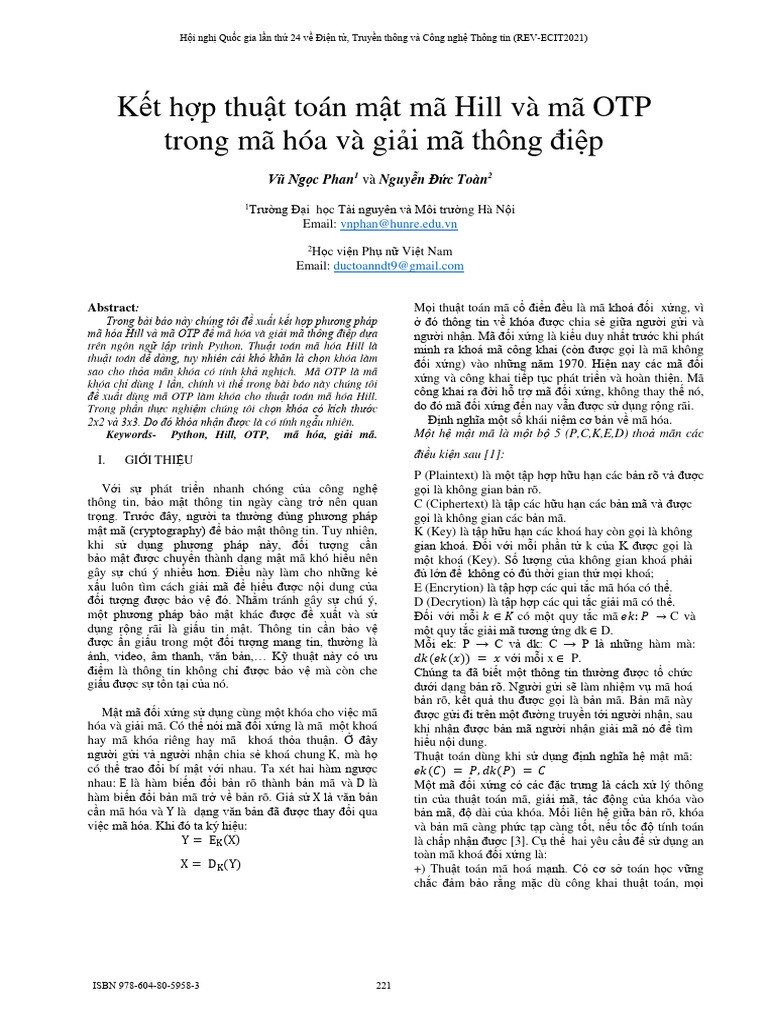 Kết hợp thuật toán mật mã Hill và mã OTP trong mã hóa và giải mã thông điệp_1493507 | PDF