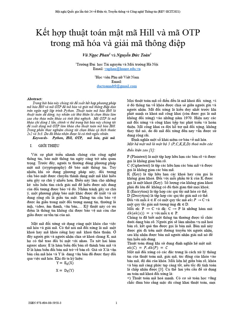 Kết hợp thuật toán mật mã Hill và mã OTP trong mã hóa và giải mã thông điệp - 1493507 | PDF