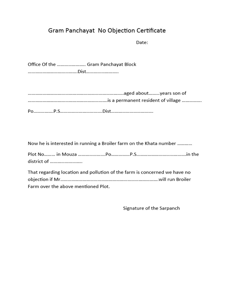 Gram Panchayat NOC for Broiler Farm | PDF