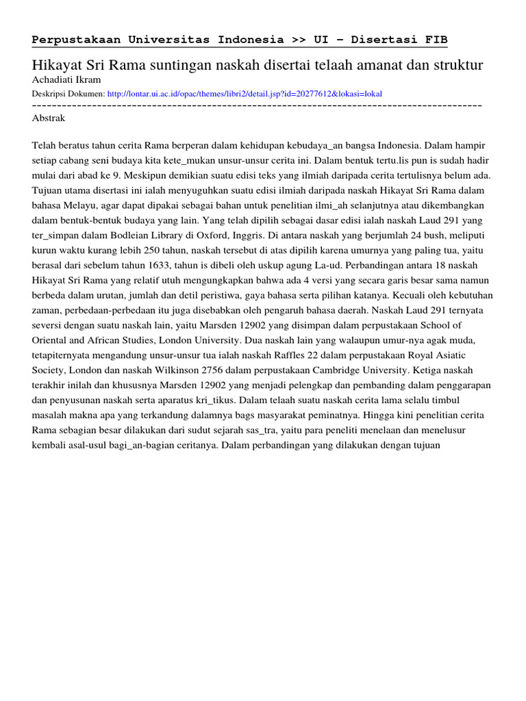 Hikayat Sri Rama Suntingan Naskah Disertai Telaah Amanat Dan Struktur | PDF