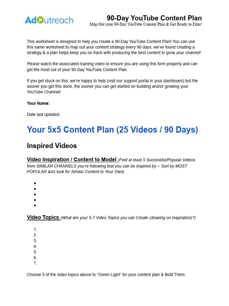 90 Day YouTube Content Plan - AdOutreach | PDF | You Tube