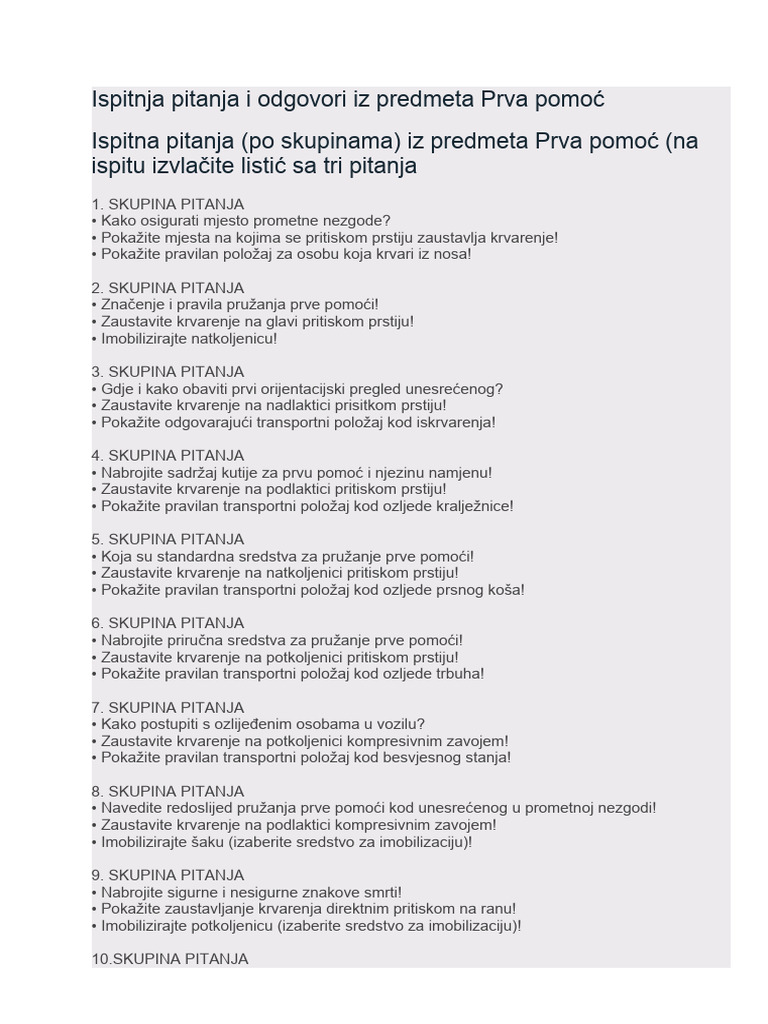 Ispitnja Pitanja I Odgovori Iz Predmeta Prva Pomoć Ispitna Pitanja (Po Skupinama) Iz Predmeta ...