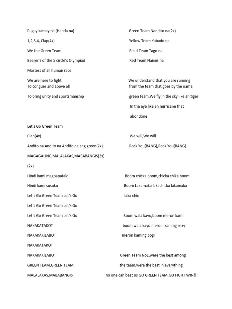 Green Team Cheer and Yell Lyrics | PDF
