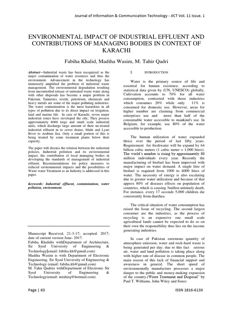 Environmental Impact of Industrial Effluent and Contributions of Managing Bodies in Context of ...
