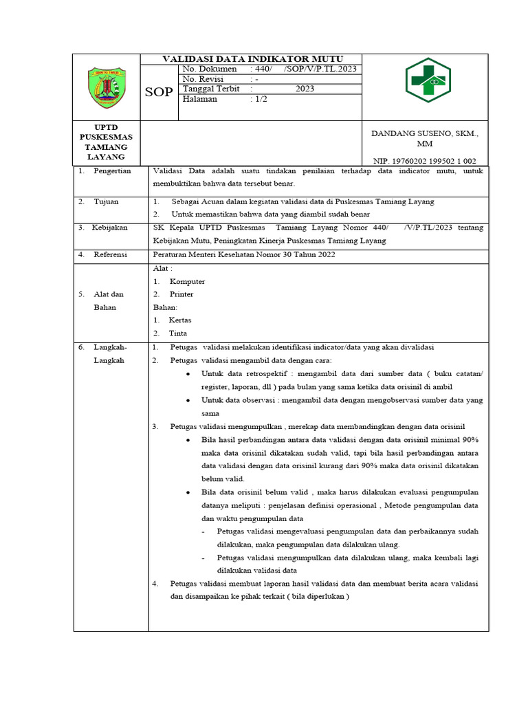 EP 5.1.3 A SOP VALIDASI DATA INDIKATOR MUTU FIX | PDF