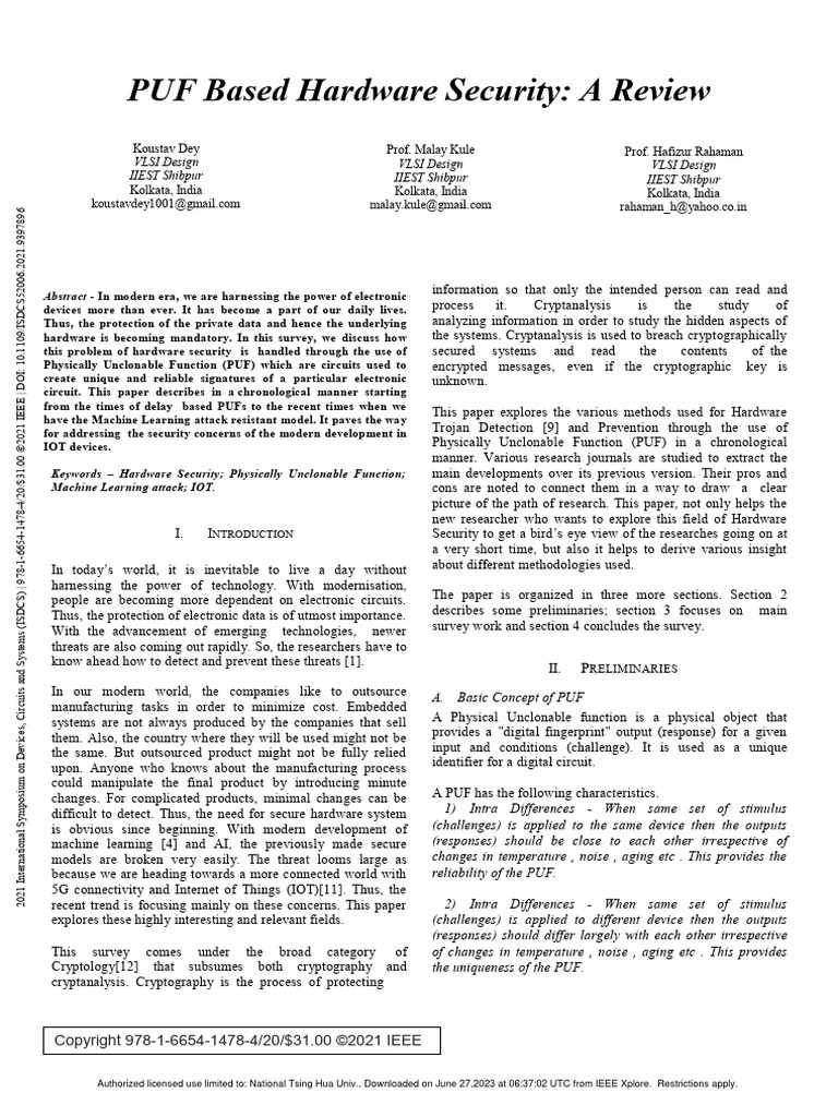 PUF Based Hardware Security A Review | PDF | Artificial Neural Network | Applied Mathematics