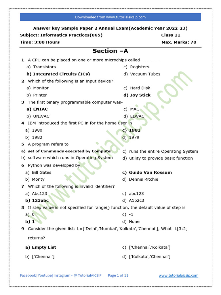 Class 11 IP Sample Paper with Answers | PDF | Cloud Computing | Software As A Service
