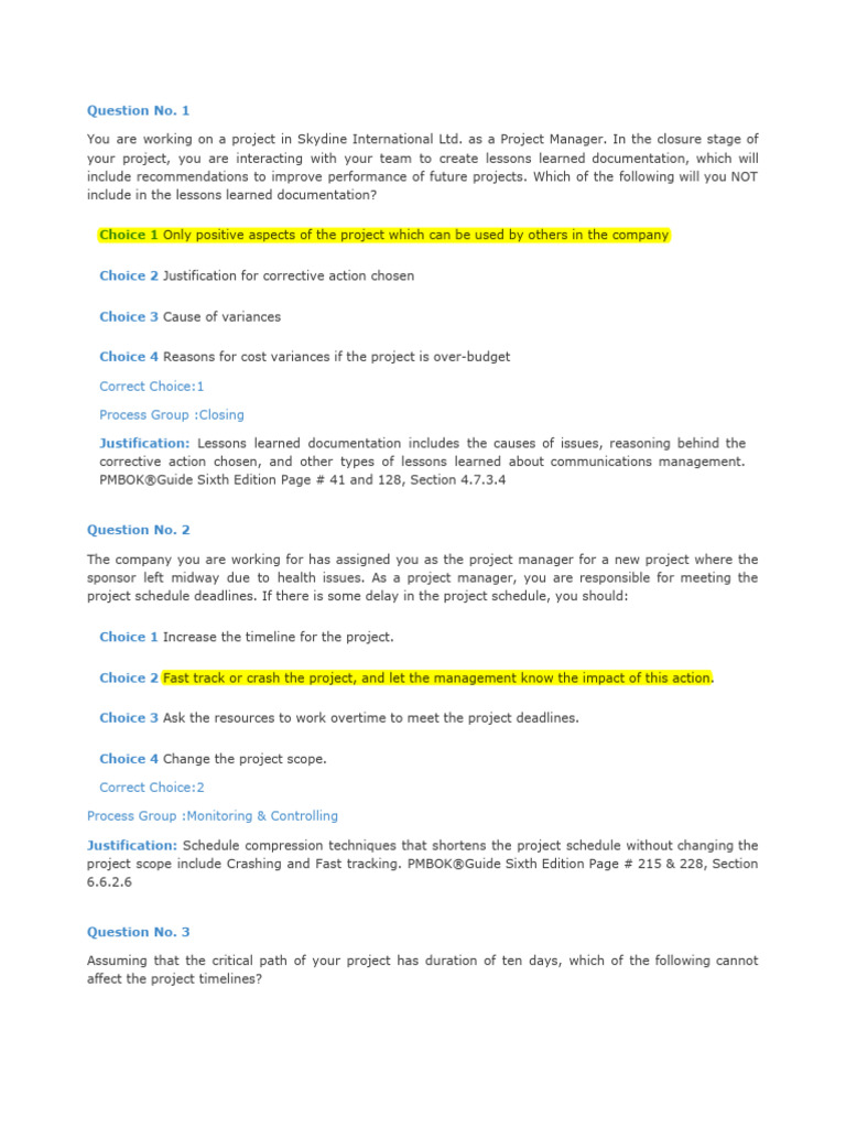PMBOK 6th Edition Practice Questions | PDF | Risk | Project Management