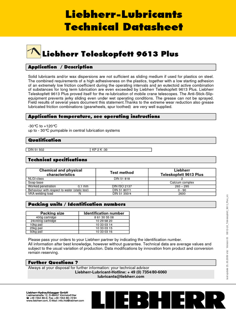 Liebherr Teleskopfett 9613 Plus Datasheet | PDF | Lubricant | Friction