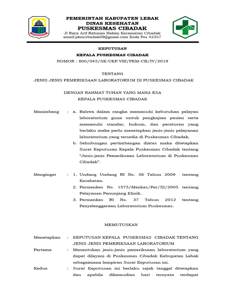 SK Jenis Pemeriksaan Lab | PDF