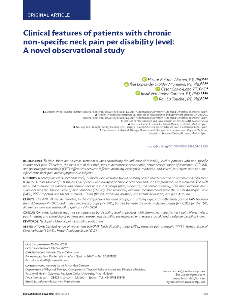 Clinical Features of Patients With Chronic Non-Specific Neck Pain Per ...