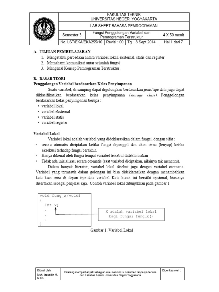Lab Sheet 10 Fungsi Penggolongan Variabel & Pemrograman Terstruktur | PDF | Metode & Bahan Ajar