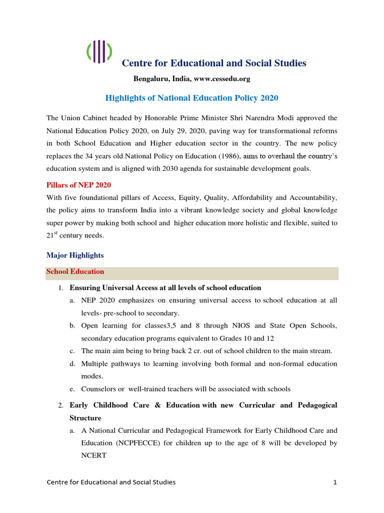 Highlights NEP2020 CESS | PDF | Curriculum | Teachers