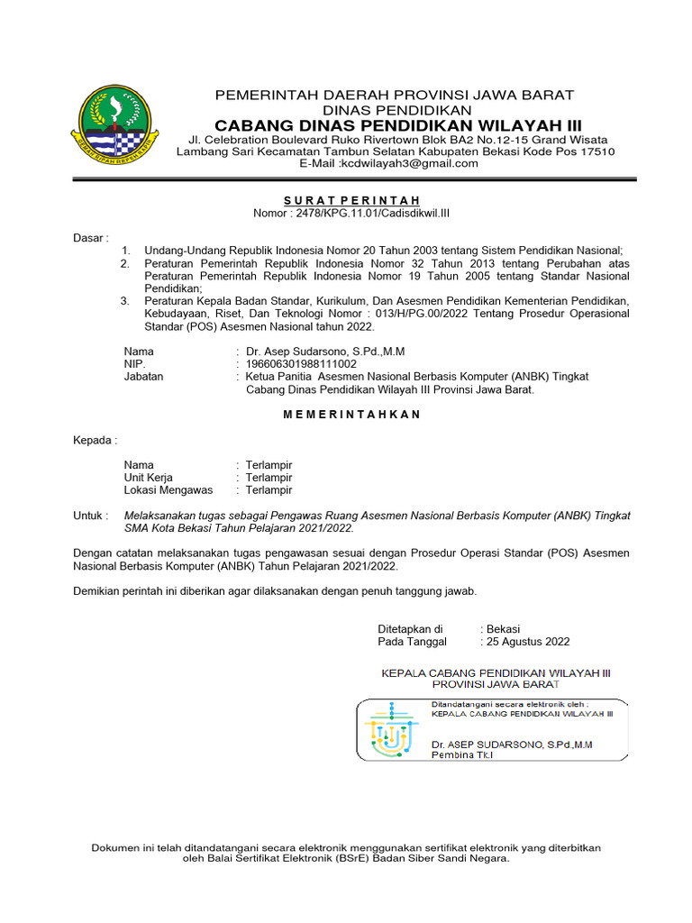 Sp. Pengawas Silang Anbk Sma Kota Bekasi - Sign | PDF